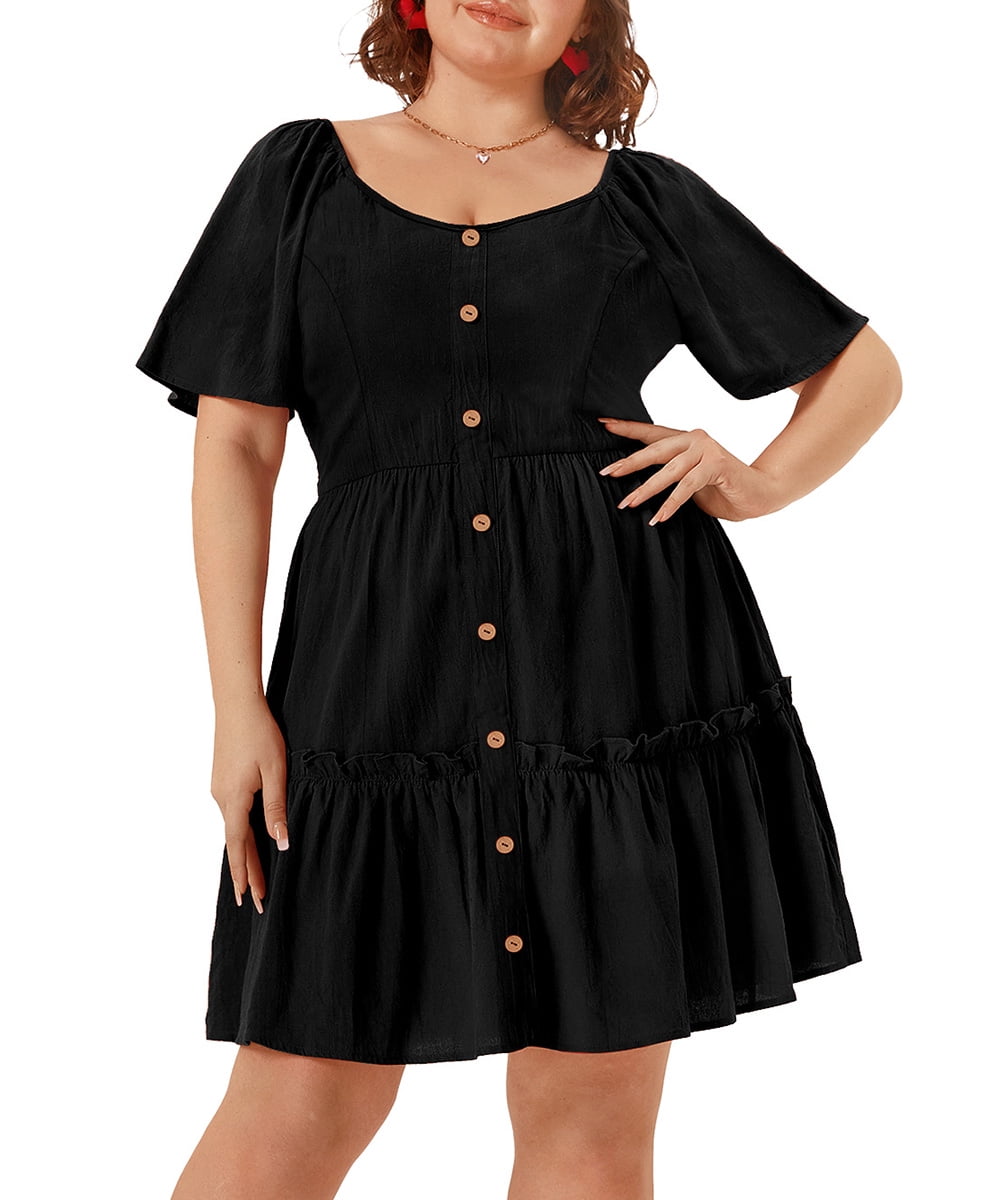 CASSIE LIZ Plus Size Dress For Women Black Round Neck Flutter Sleeves ...