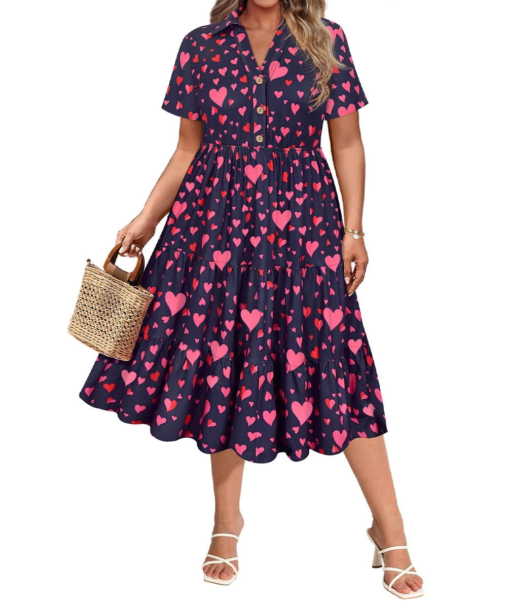 CASSIE LIZ Plus Size Dress for Women Casual Heart Navy Short Sleeve ...