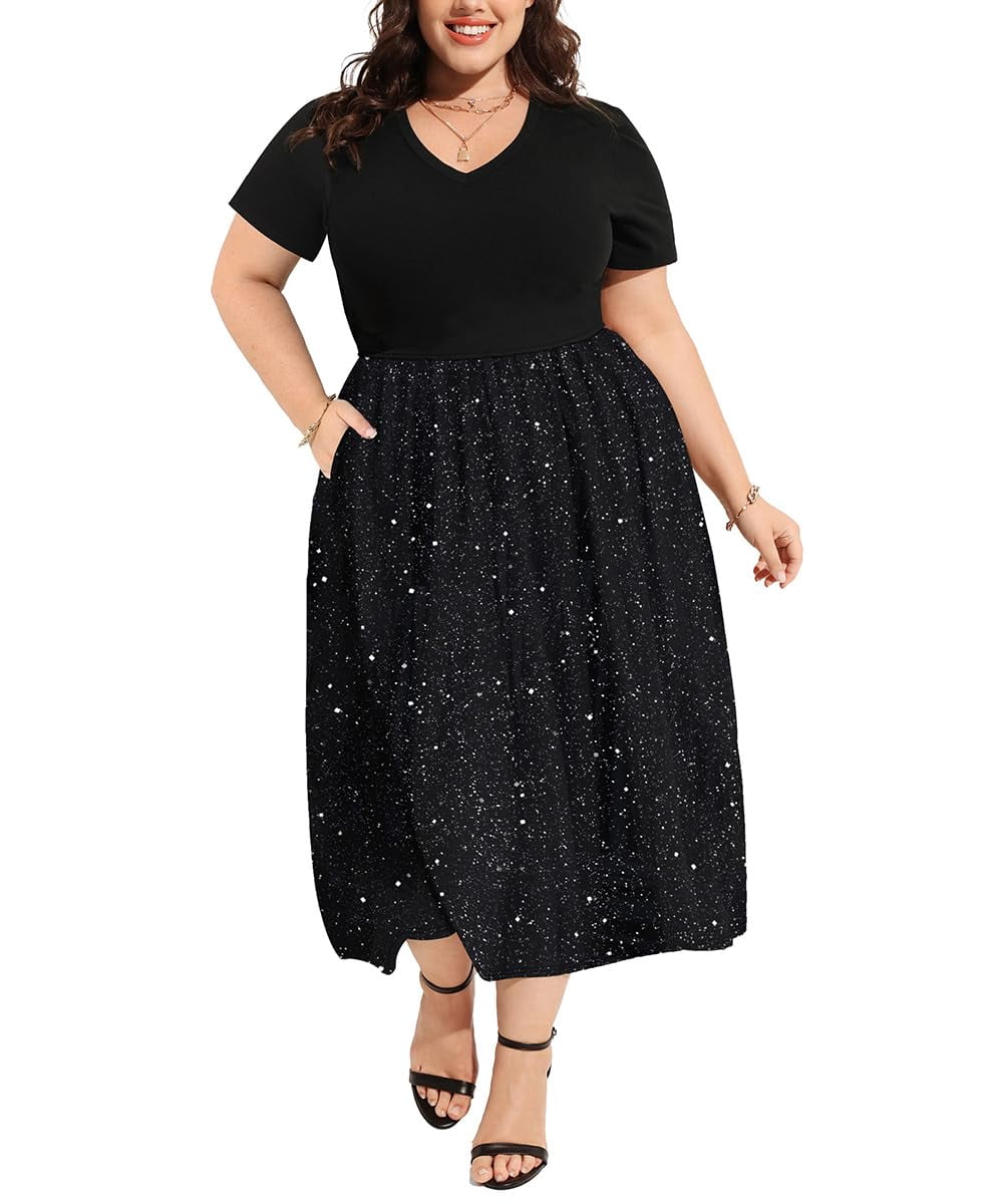 CASSIE LIZ Plus Size Dress for Women V Neck Long Black Patchwork Dress ...