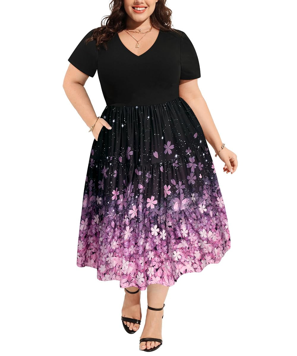 CASSIE LIZ Plus Size Dress for Women V Neck Long Patchwork Dress Casual ...