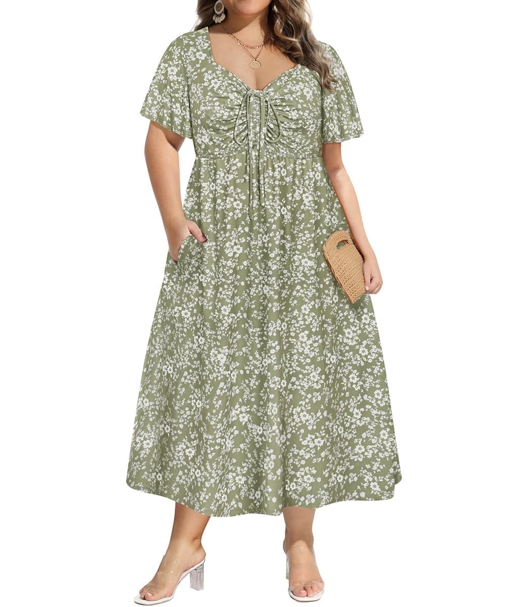 CASSIE LIZ Plus Size Dresses 3X Green White Floral Summer Dresses for ...