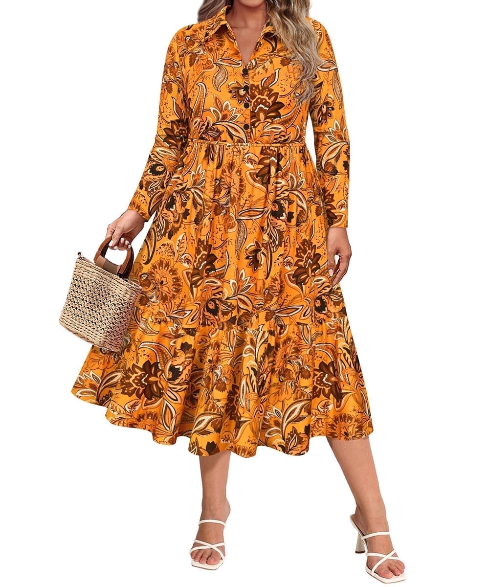 CASSIE LIZ Plus Size Dresses 4X V Neck Floral Print Yellow Maxi Dress ...