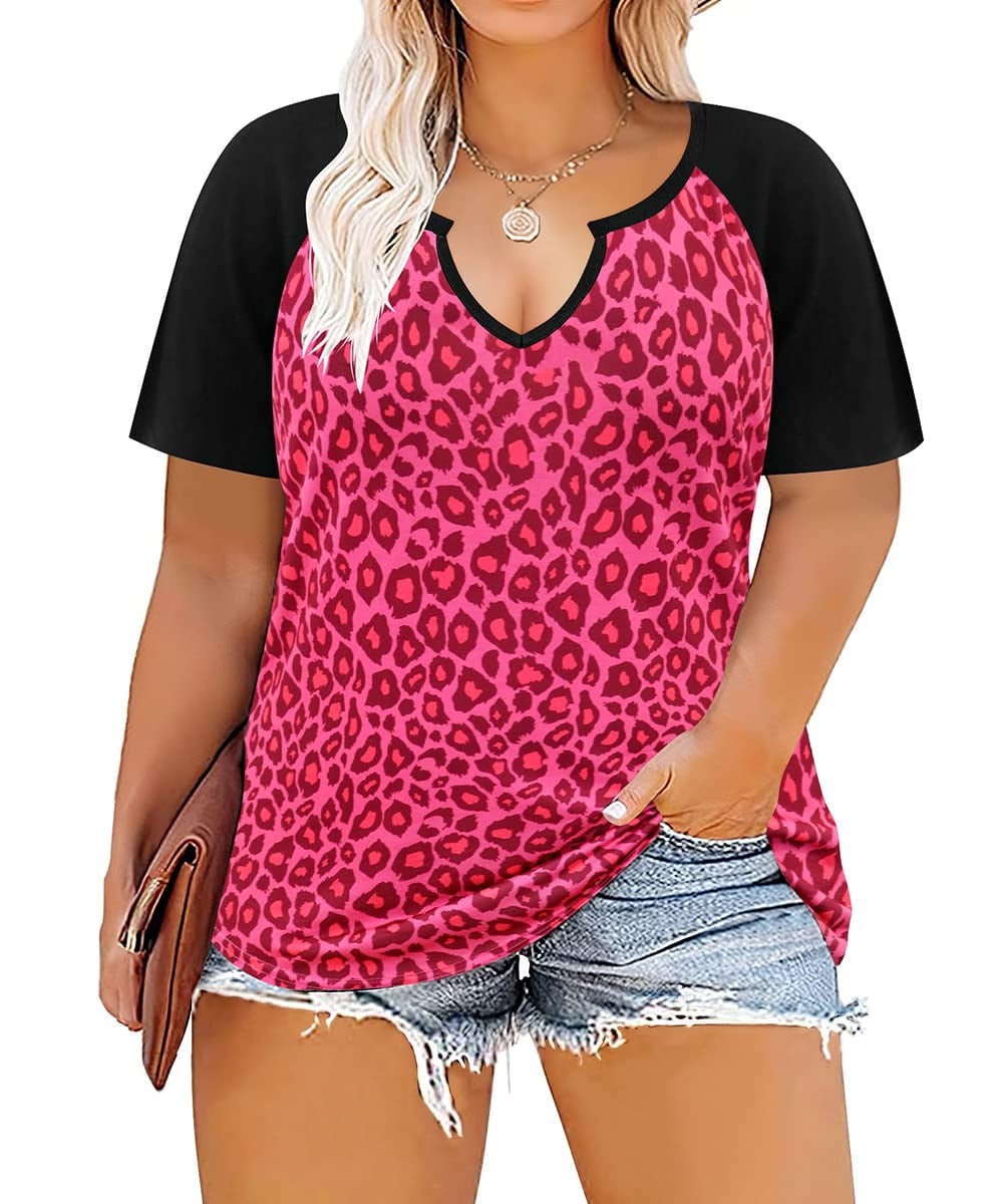CASSIE LIZ Plus Size Tops for Women 3X Pink Leopard Print Short Sleeve ...