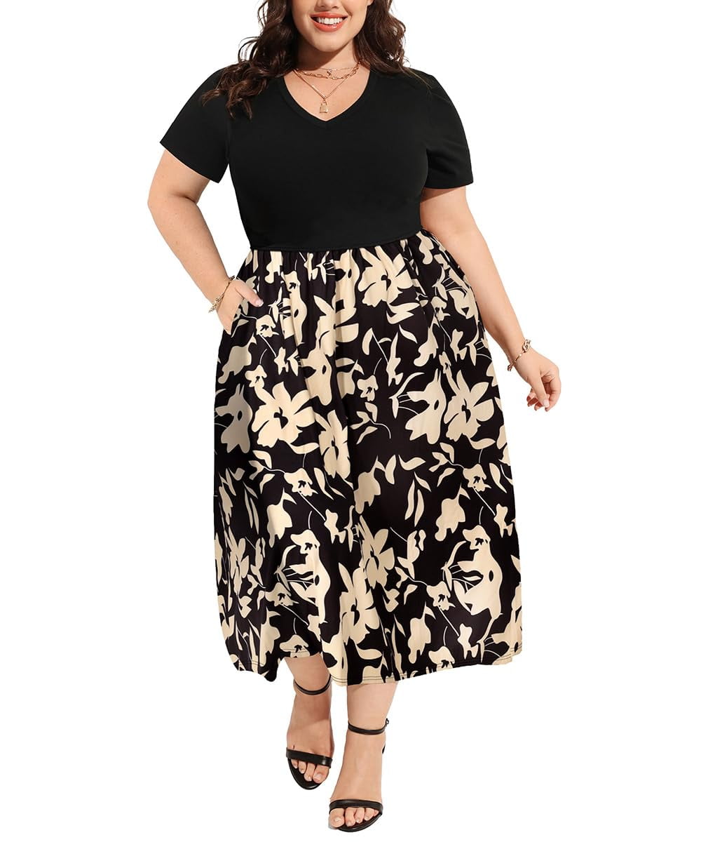 CASSIE LIZ Plus Size Short Sleeve Dress for Women 3X V Neck Long ...