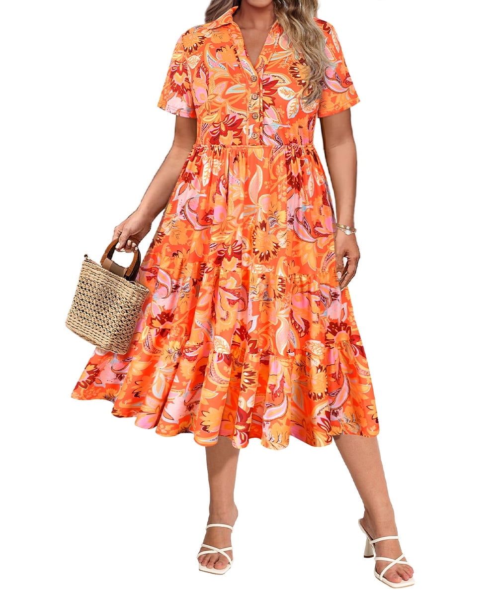CASSIE LIZ Womens Plus Size Dresses 5X Casual Floral Orange Summer ...