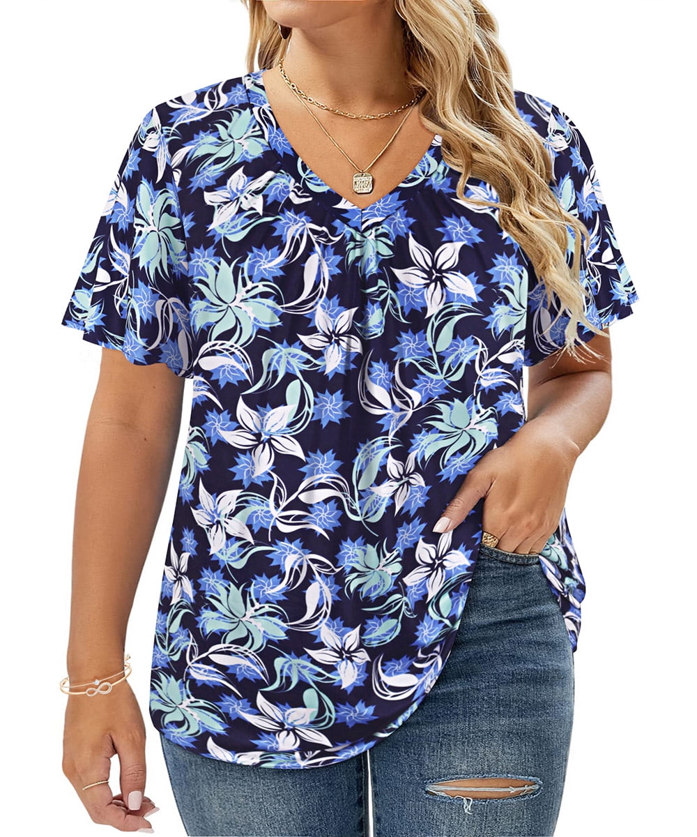 CASSIE LIZ Plus Size Short Sleeve Tops for Women 5X Casual Blue Green ...
