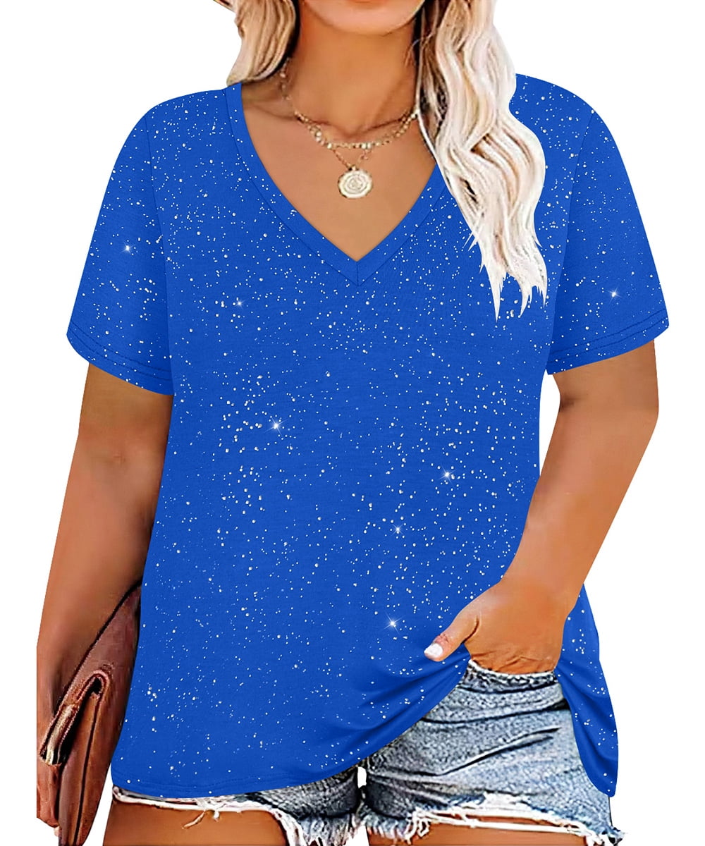 CASSIE LIZ Plus Size Short Sleeve Tops for Women 5X Casual Blue Sequin ...