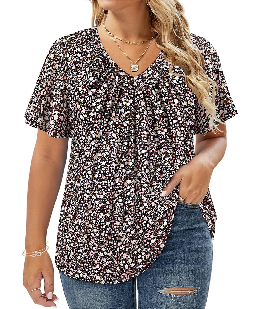 CASSIE LIZ Plus Size Short Sleeve Tops for Women 5X Casual Floral Black ...