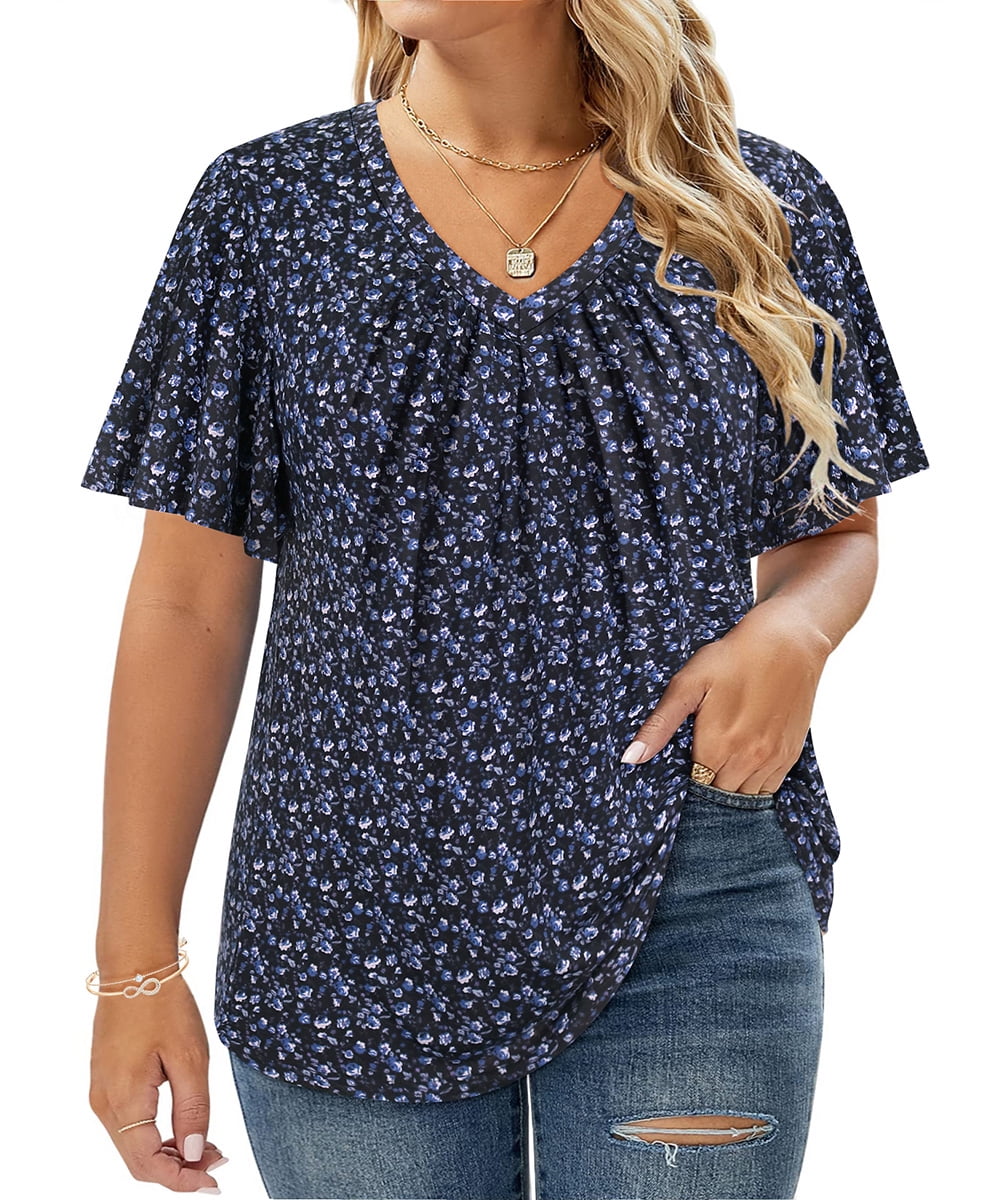 CASSIE LIZ Plus Size Short Sleeve Tops for Women Casual Blue Floral ...