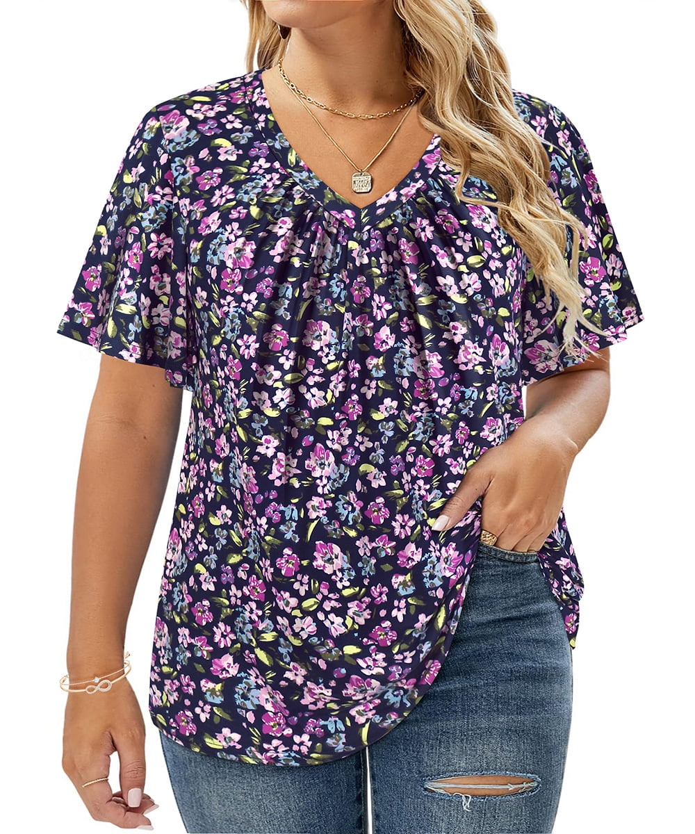 CASSIE LIZ Plus Size Short Sleeve Tops for Women Casual Purple Floral ...