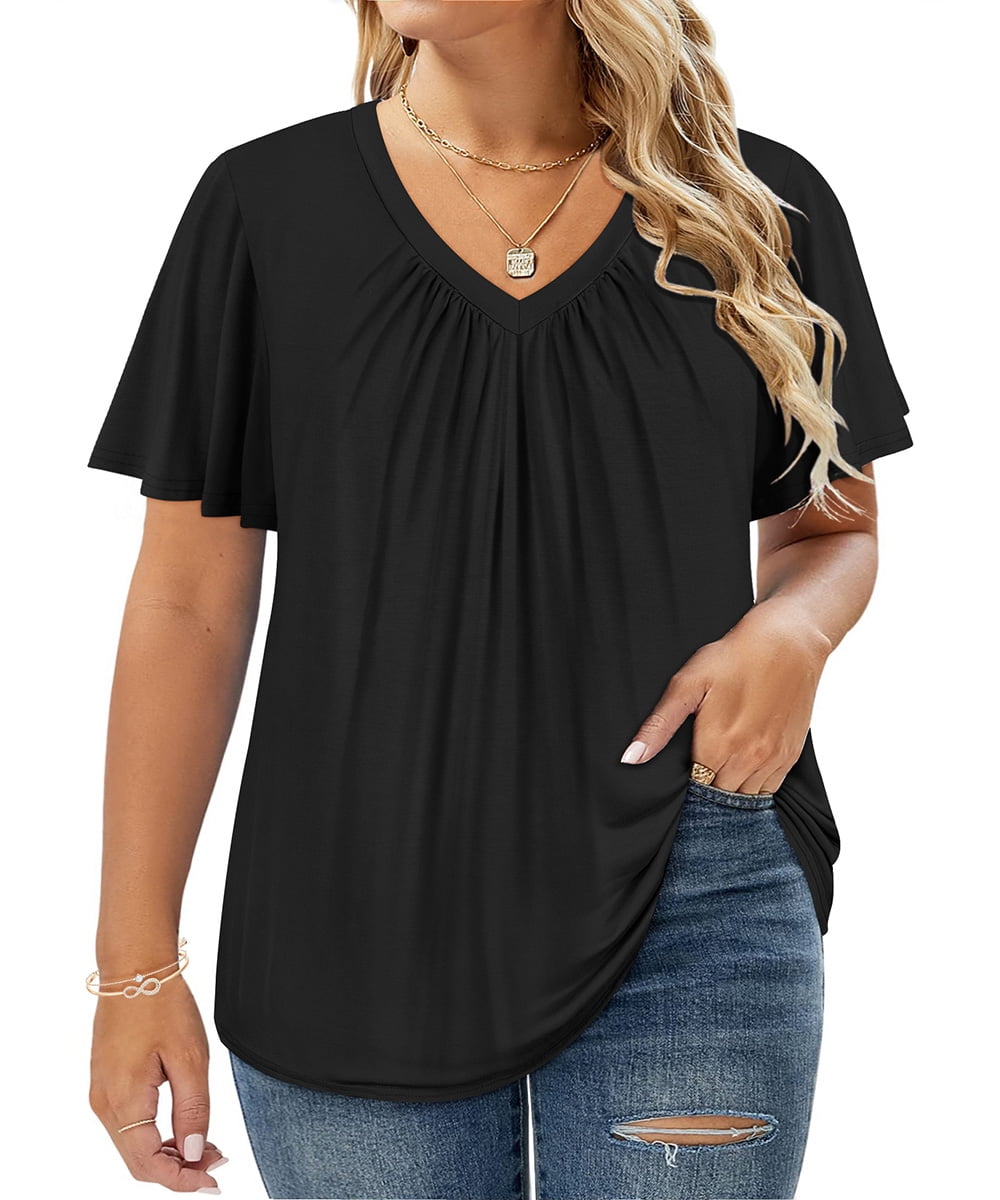 CASSIE LIZ Plus Size Short Sleeve Tops for Women Casual Solid Black 3X ...