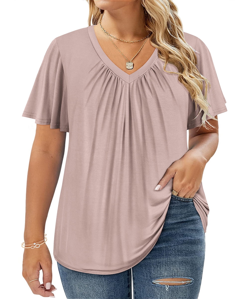 CASSIE LIZ Plus Size Short Sleeve Tops for Women Casual Solid Khaki 3X ...
