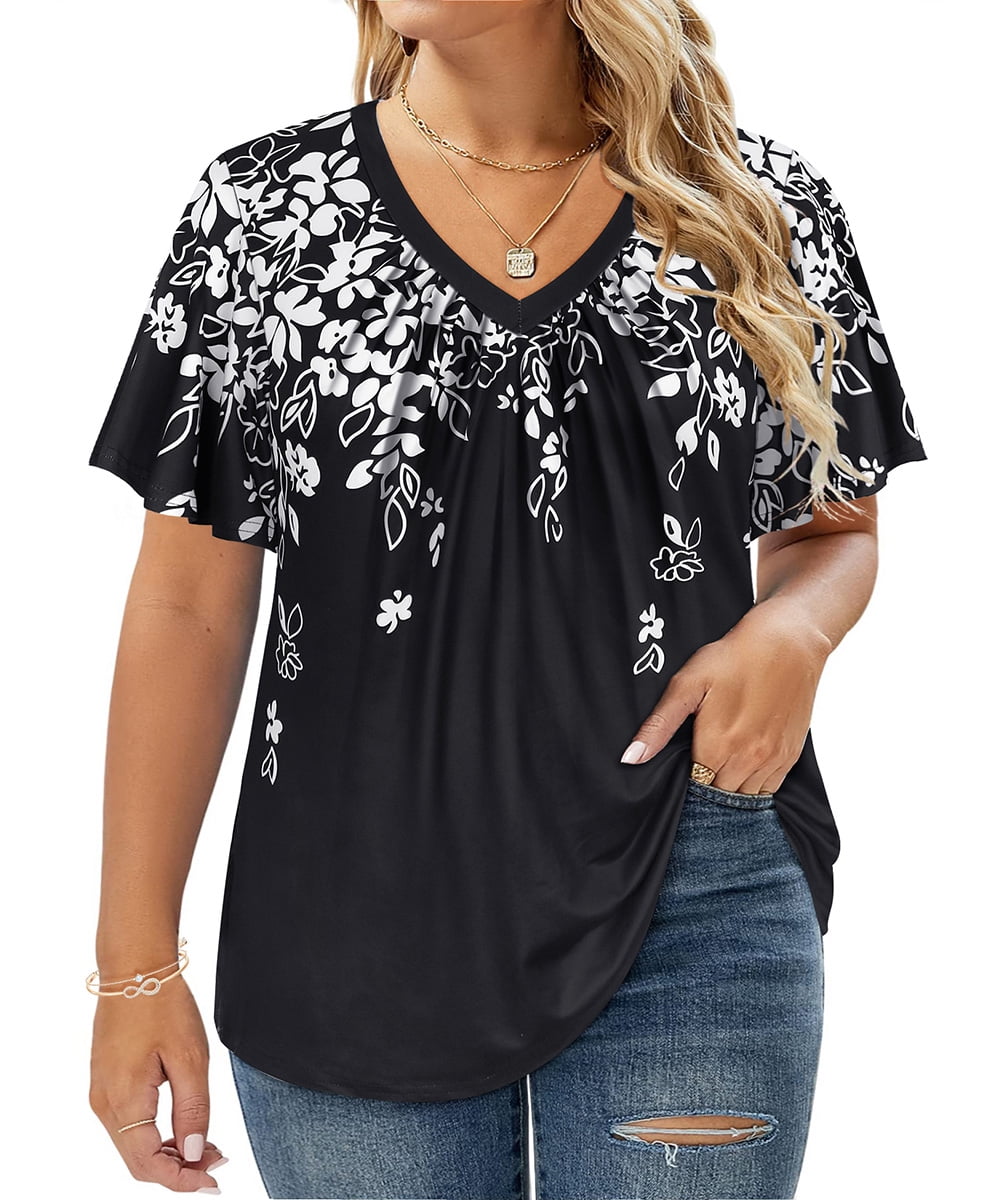CASSIE LIZ Plus Size Short Sleeve Tops for Women Casual White Floral ...