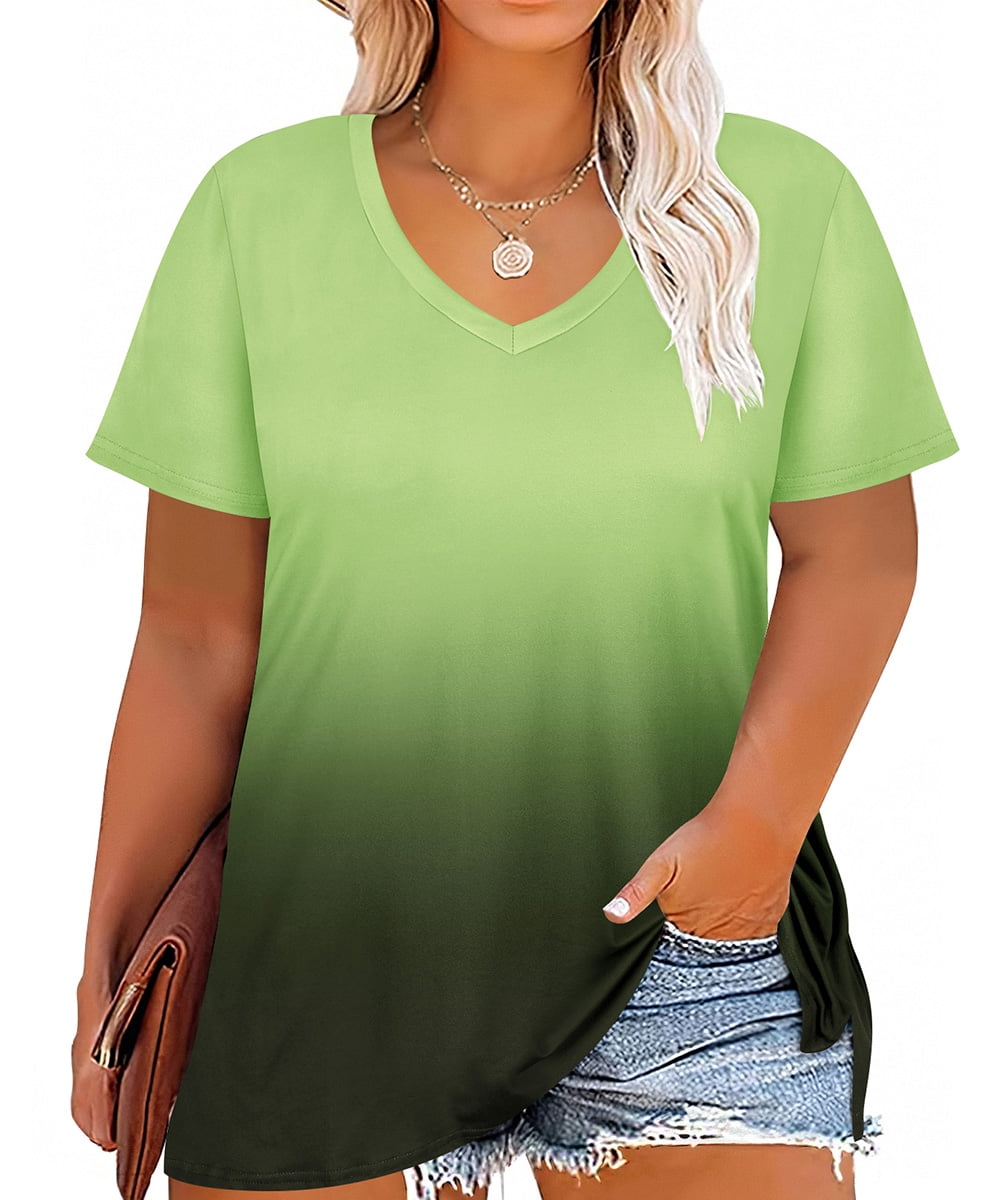 CASSIE LIZ Plus Size Short Sleeve Tops for Women Green GraDyent 3X ...