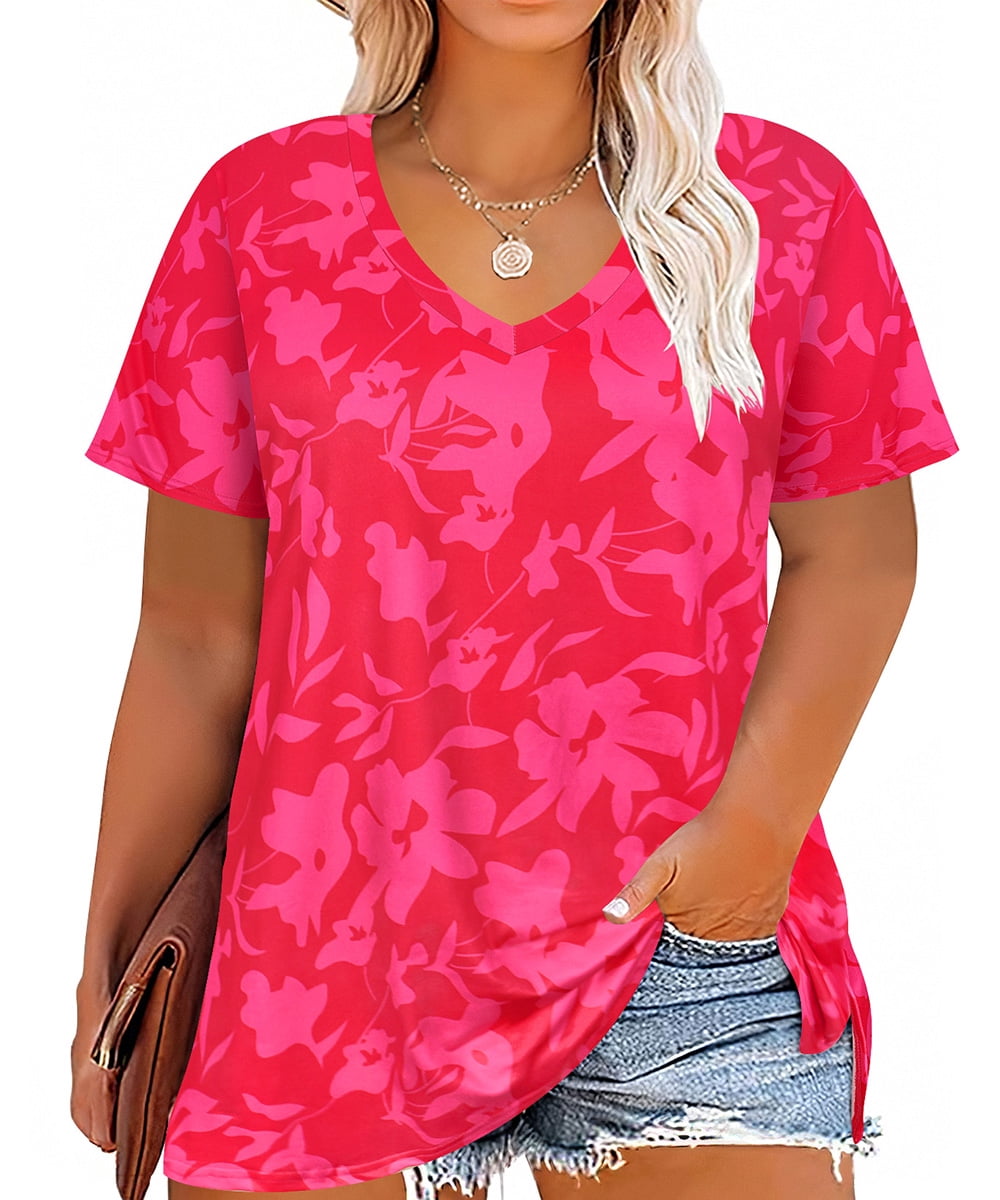 CASSIE LIZ Plus Size Short Sleeve Tops for Women Hot Pink Floral 3X ...