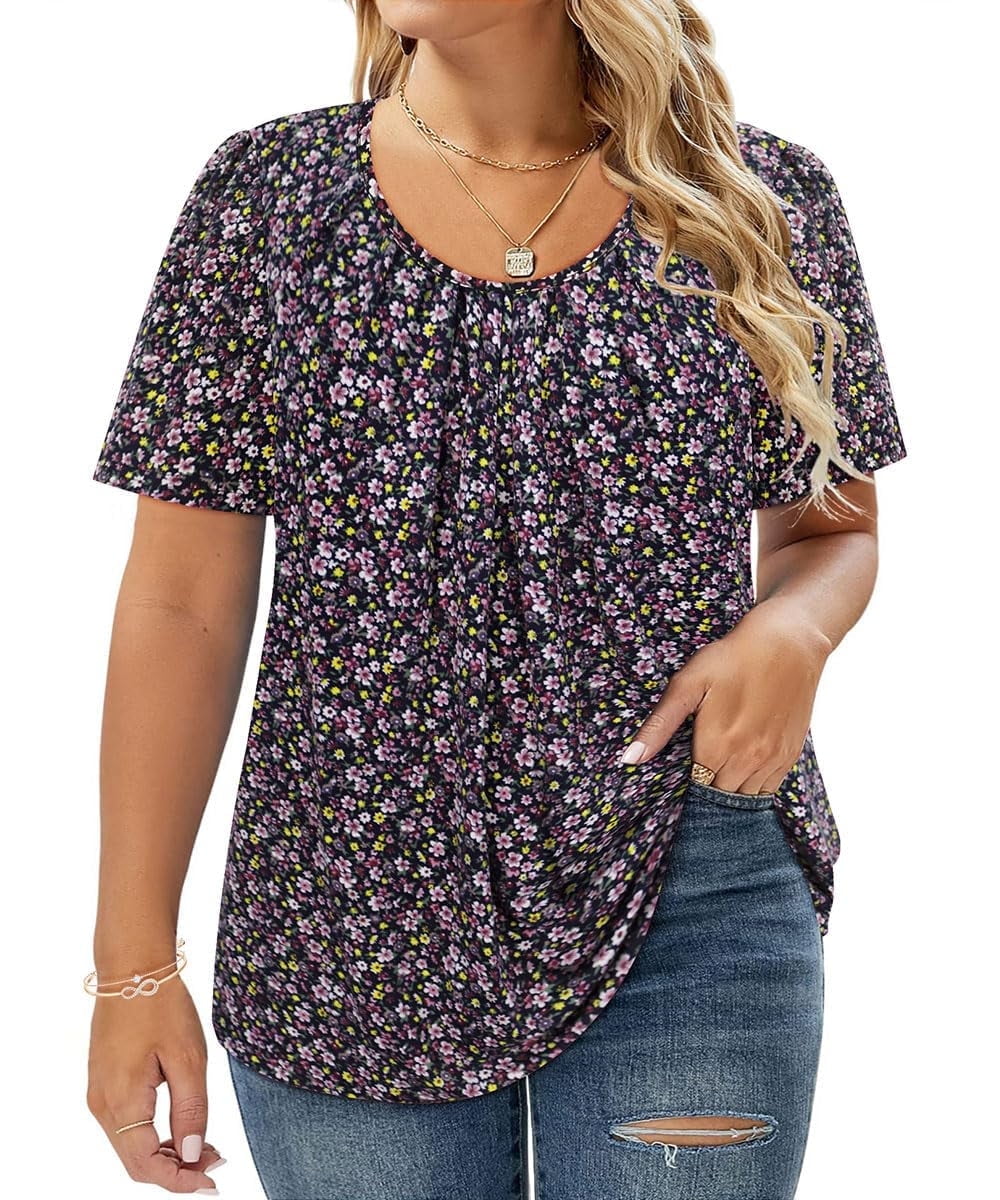 CASSIE LIZ Plus Size Short Sleeve Tops for Women Purple Floral 3X ...