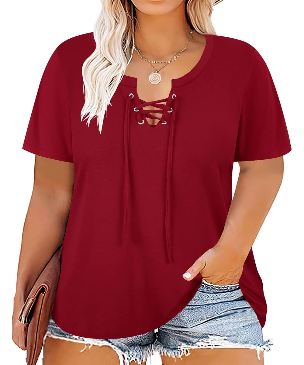 CASSIE LIZ Plus Size Short Sleeve Tops for Women Wine Red 3X Criss ...