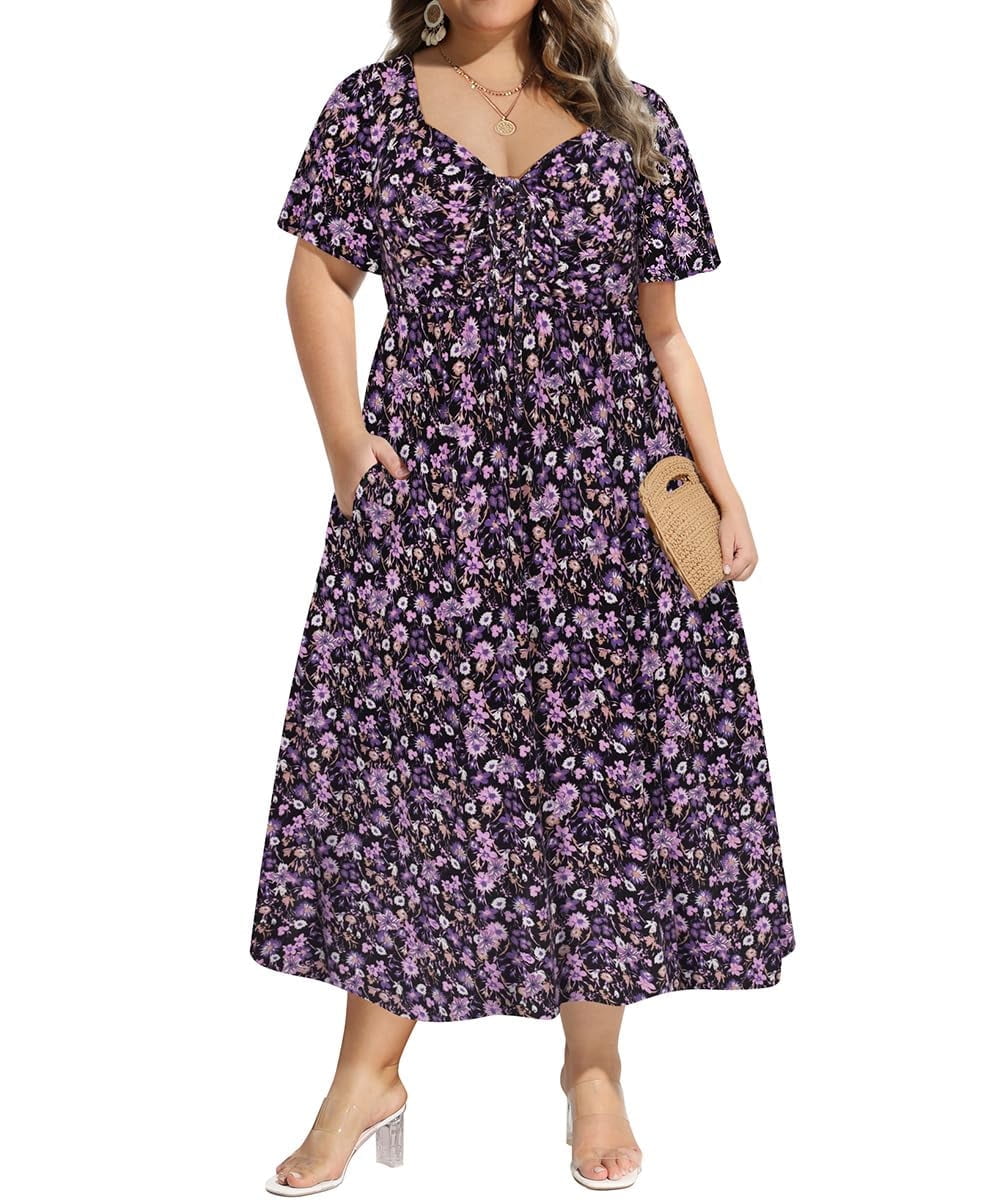 CASSIE LIZ Plus Size Summer Dresses for Women 5X Black Purple Floral ...