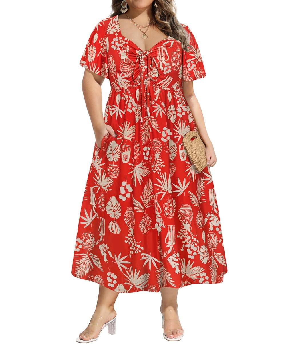 CASSIE LIZ Plus Size Summer Dresses for Women 5X Red White Floral Midi ...