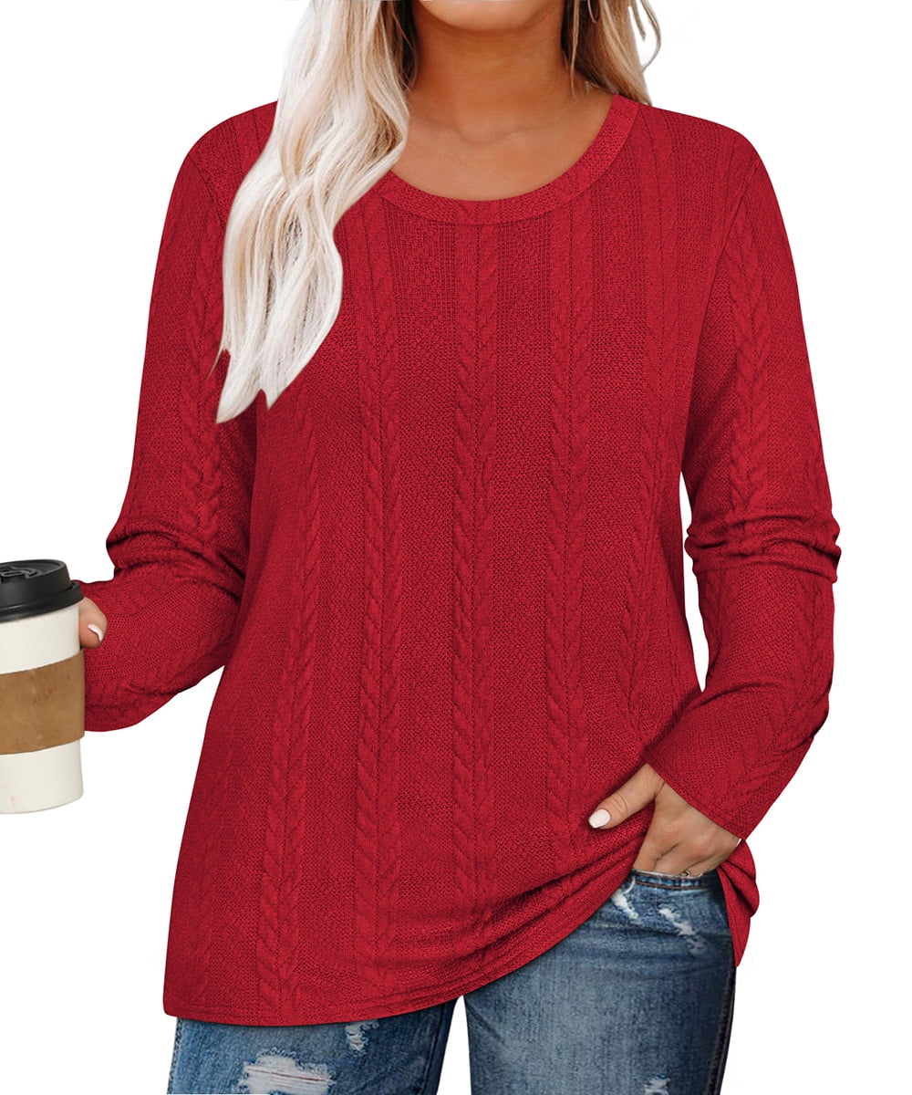 CASSIE LIZ Plus Size Sweater for Women Wine red Long Sleeve Shirts ...