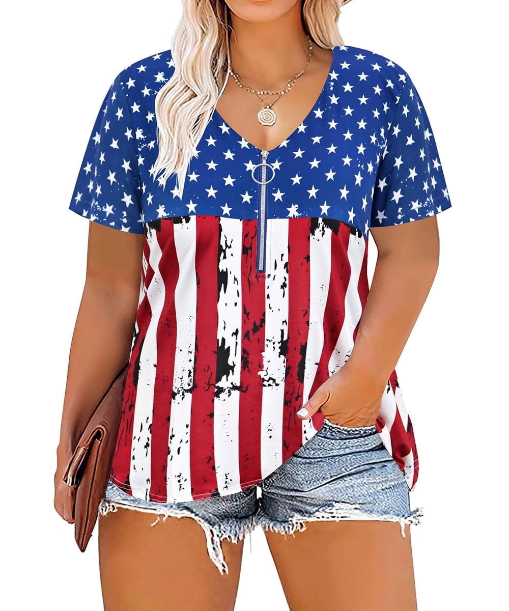 CASSIE LIZ Plus Size Tops for Women 4th of July American Flag Short ...