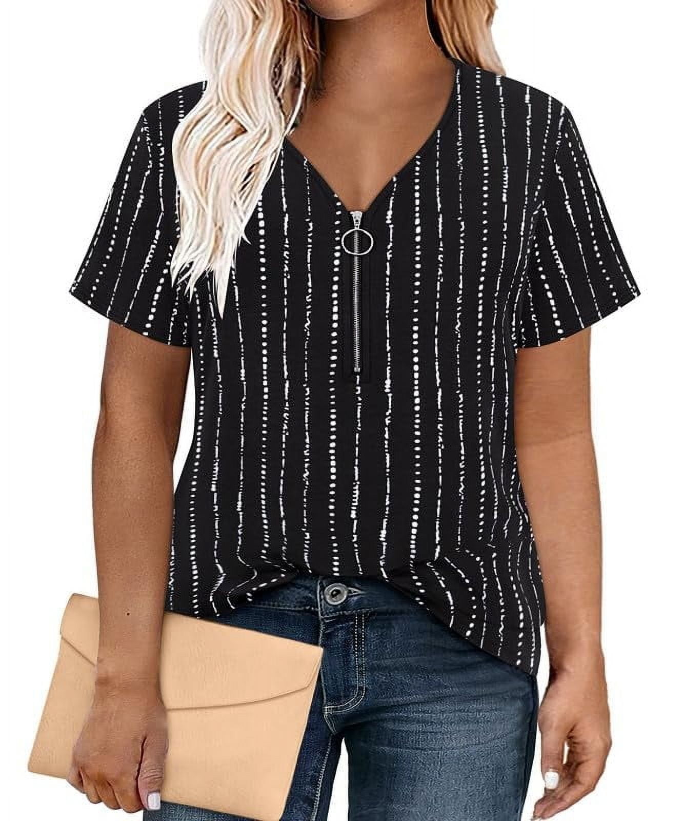 CASSIE LIZ Plus Size Tops for Women Black Striped Short Sleeve Business ...