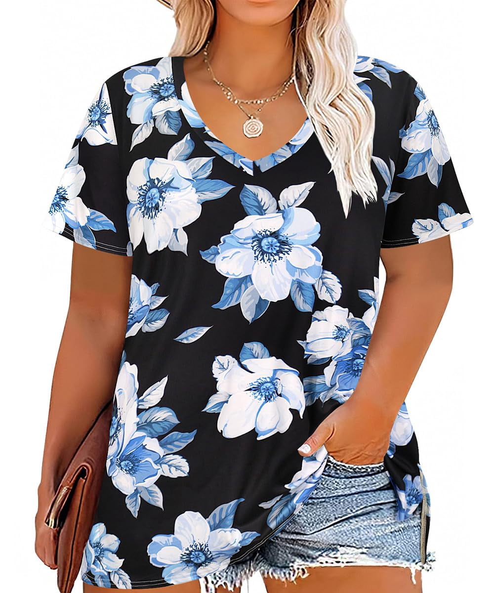 CASSIE LIZ Plus Size Tops for Women Blue Floral Short Sleeve Blouses ...