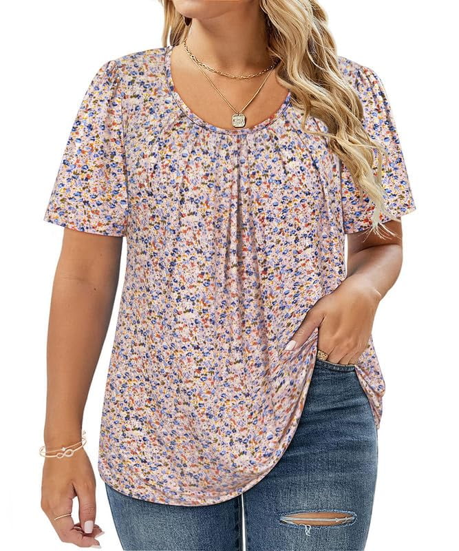CASSIE LIZ Plus Size Tops for Women Blue Floral Short Sleeve Blouses ...
