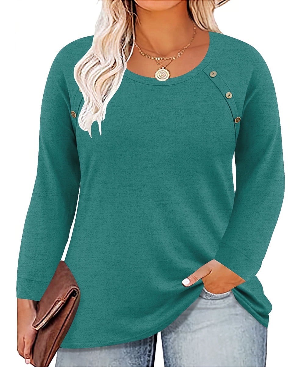 CASSIE LIZ Plus Size Tops for Women Blue Round Neck Blouse Long Sleeve ...