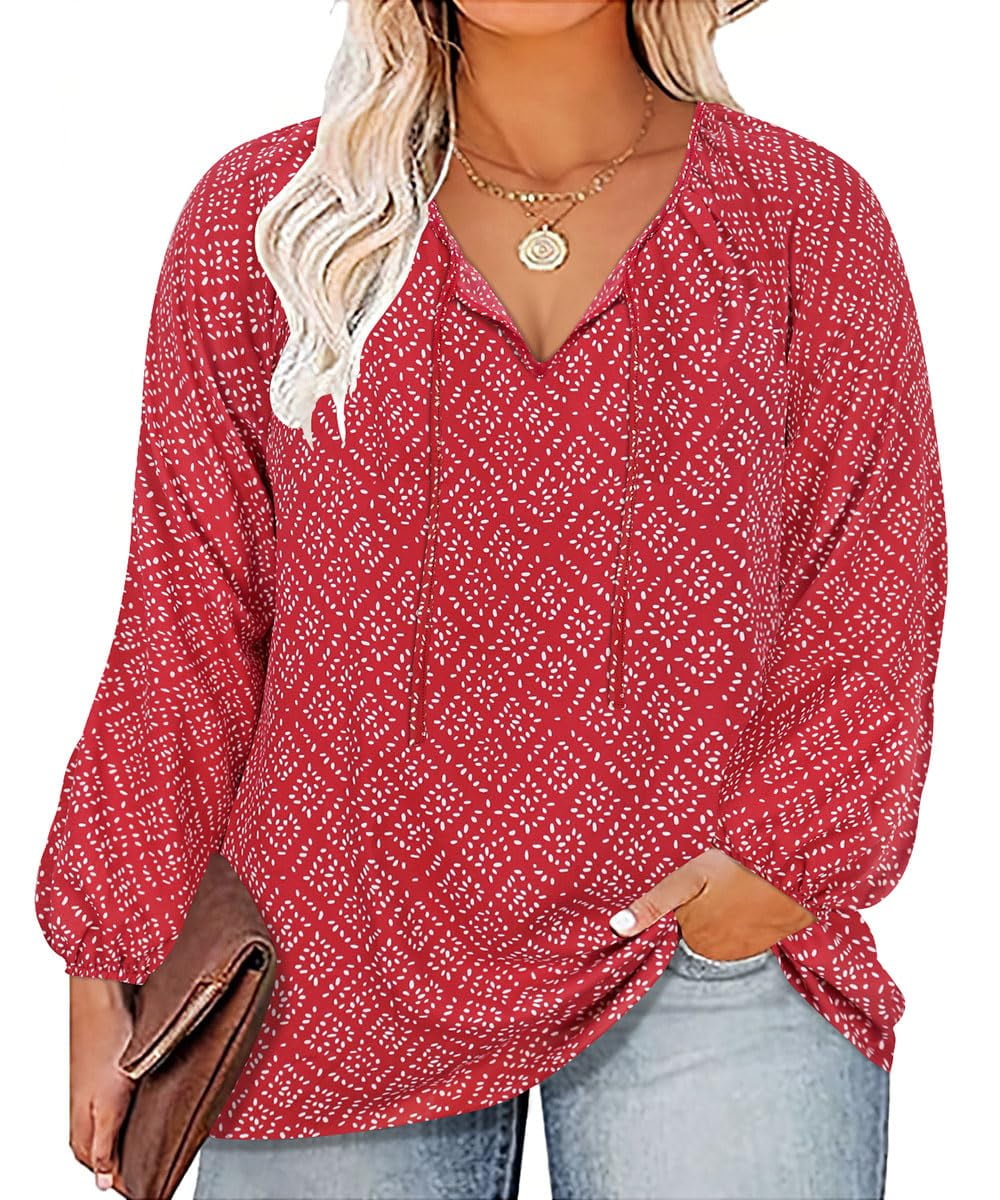 CASSIE LIZ Plus Size Tops for Women Floral Blouses Long Sleeve Boho Red ...