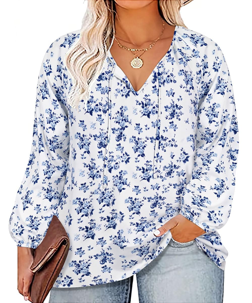 CASSIE LIZ Plus Size Women Long Sleeve Tops Floral Blouses Boho White ...