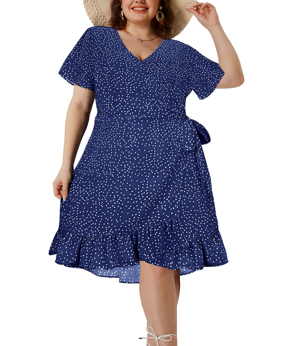 Cassie Liz Plus Size Women's Polka Dot V Neck Dress, Short Sleeve, Blue ...