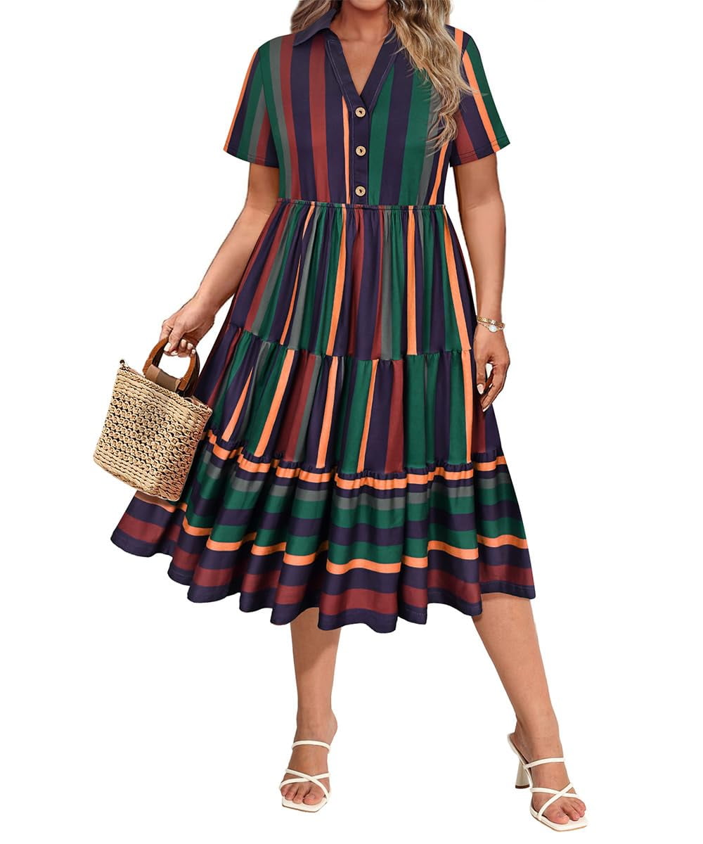 CASSIE LIZ Plus Size Women's Dress Casual Striped Short Sleeve Dress 2X ...