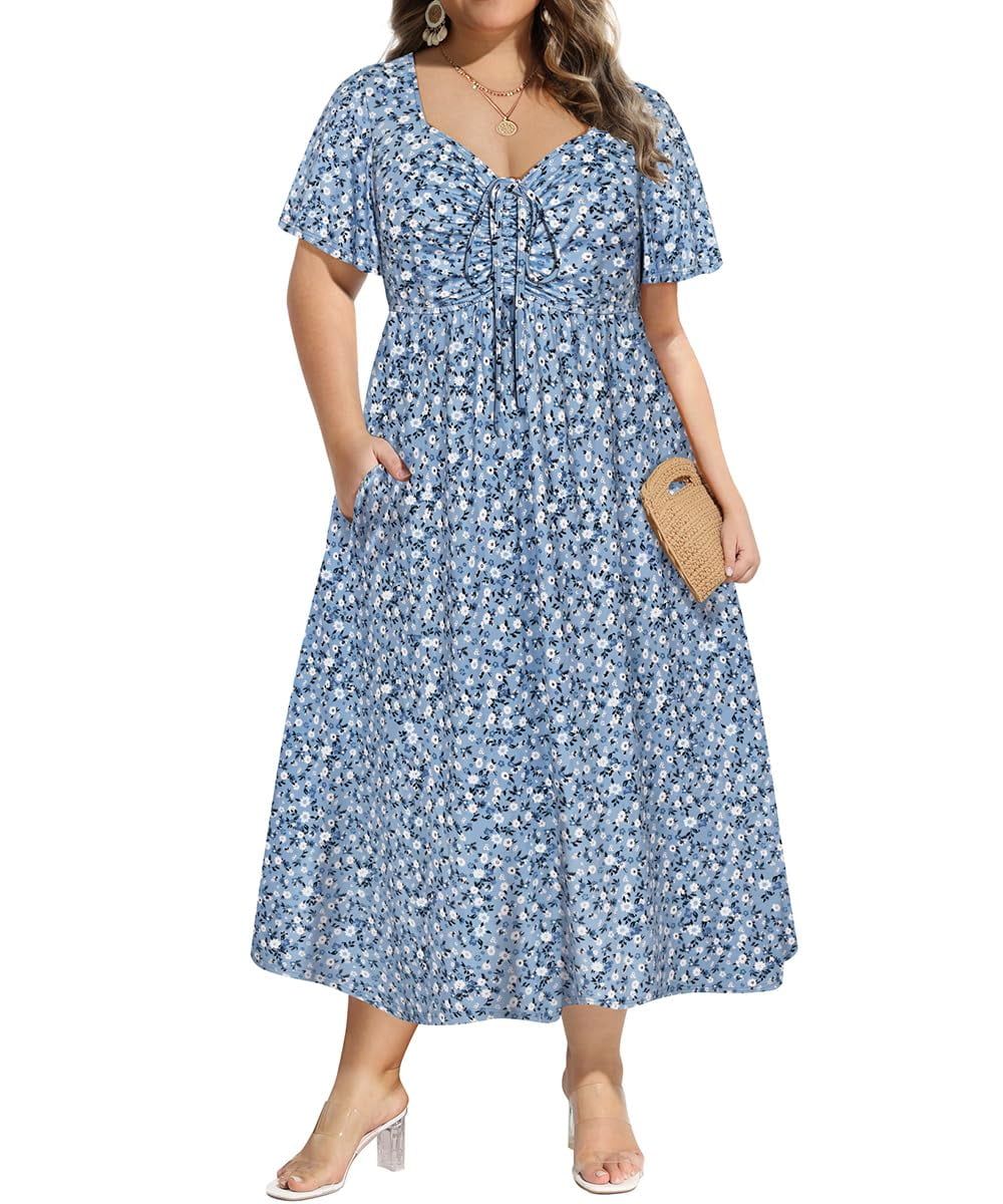 CASSIE LIZ Plus Size Women's Dresses 4X Midi Summer Blue White Floral ...