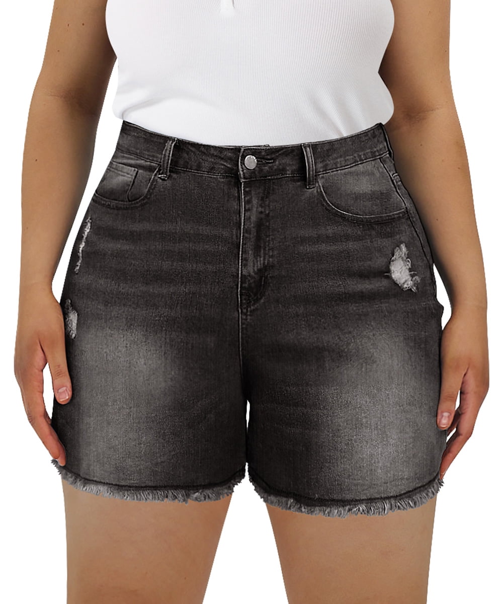 CASSIE LIZ Plus Size Women's Elastic Waist Black Frayed Hem Shorts 2X ...