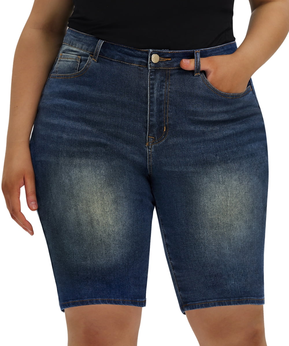 CASSIE LIZ Plus Size Women's Elastic Waist Dark Blue Shorts 2X Pocket ...