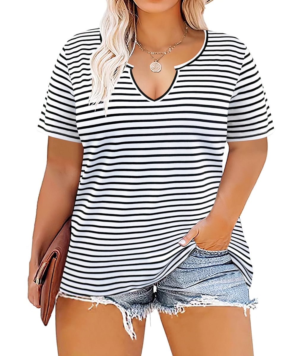 CASSIE LIZ Plus Size Women's Tops White Black Striped 2X Short Sleeve ...