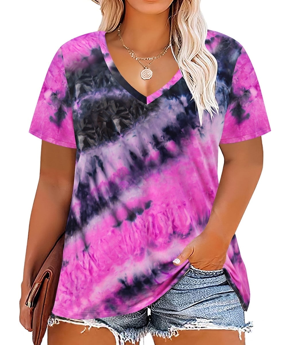 CASSIE LIZ Womens Plus Size Tops 2X Summer Tie Dye Shirts Purple V Neck ...