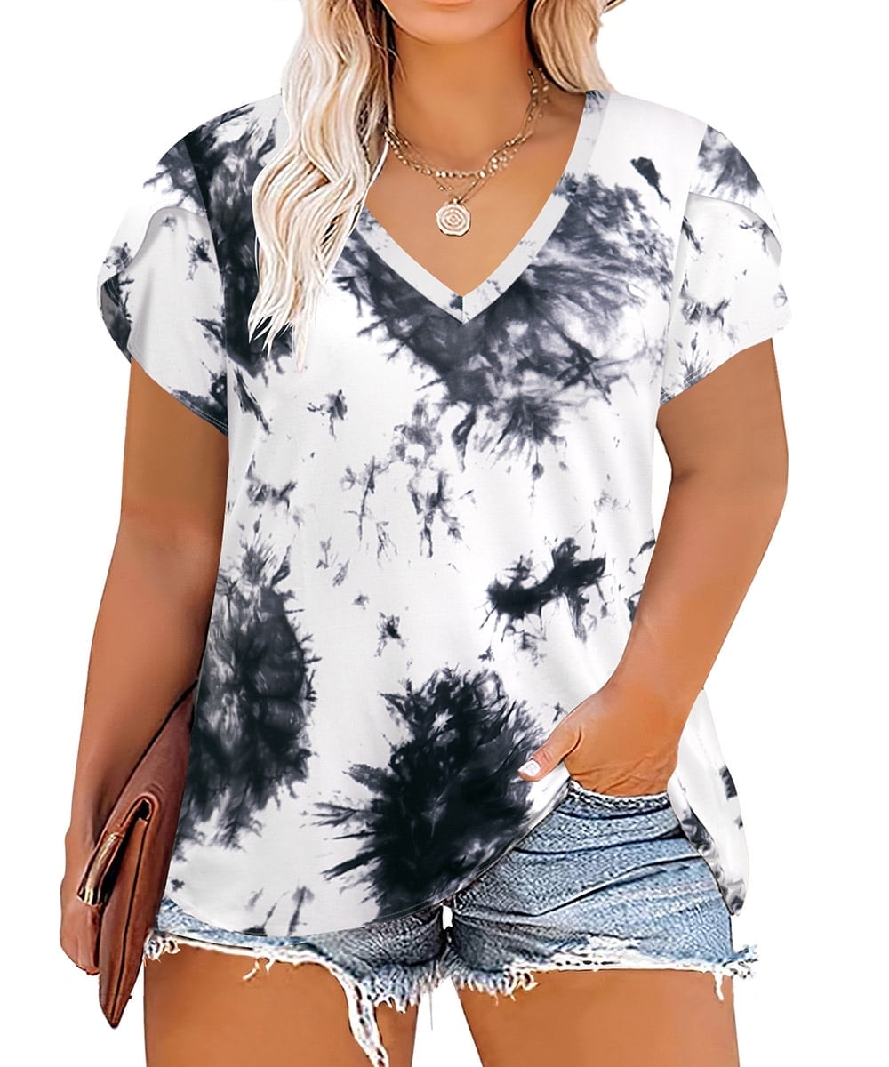 CASSIE LIZ Women's Plus Size Tops 2X Gray White Tie Dye Spring Fashion ...
