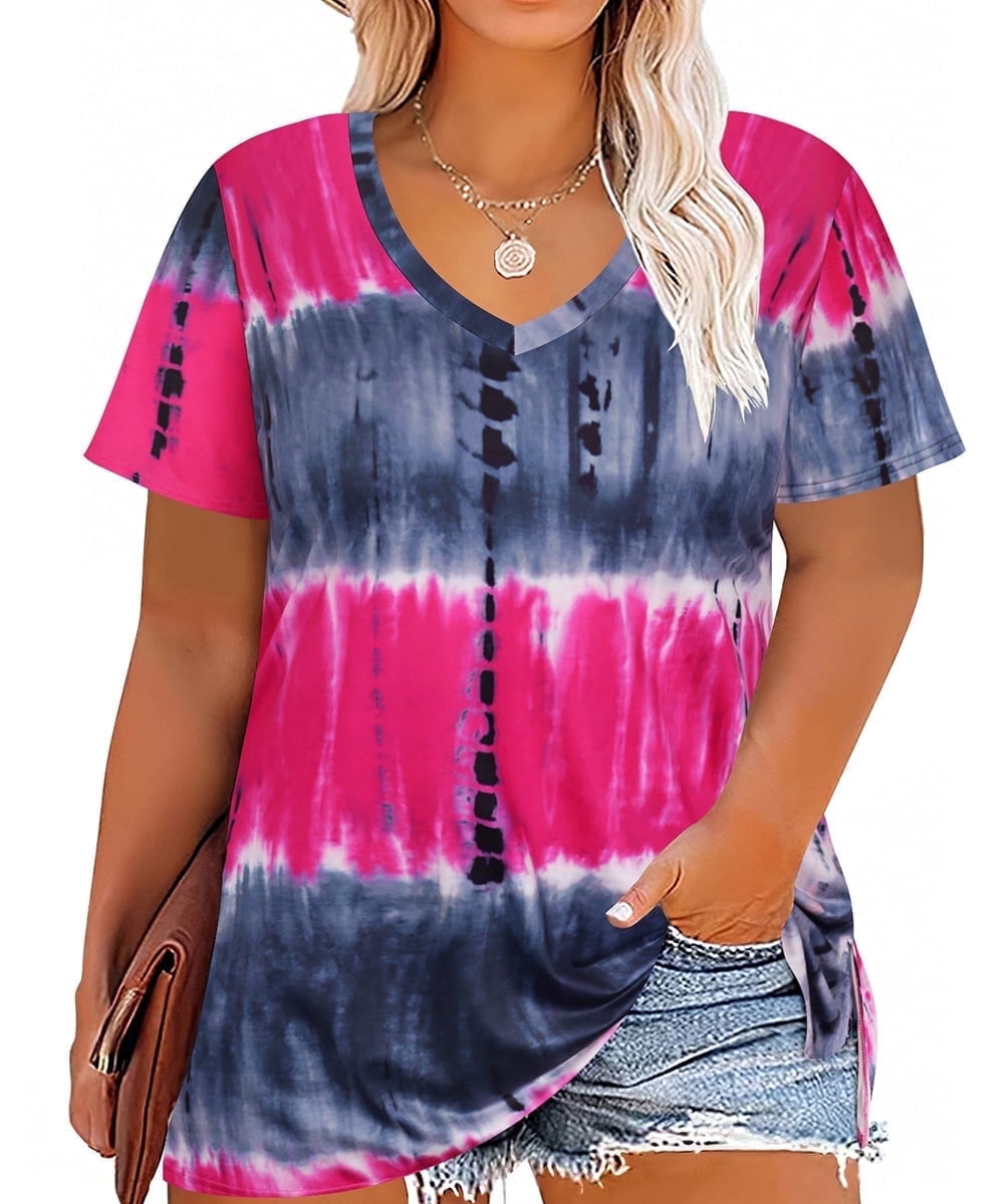 Cassie Liz Plus Size Women's Tie Dye V Neck Short Sleeve Tops 2X Summer ...