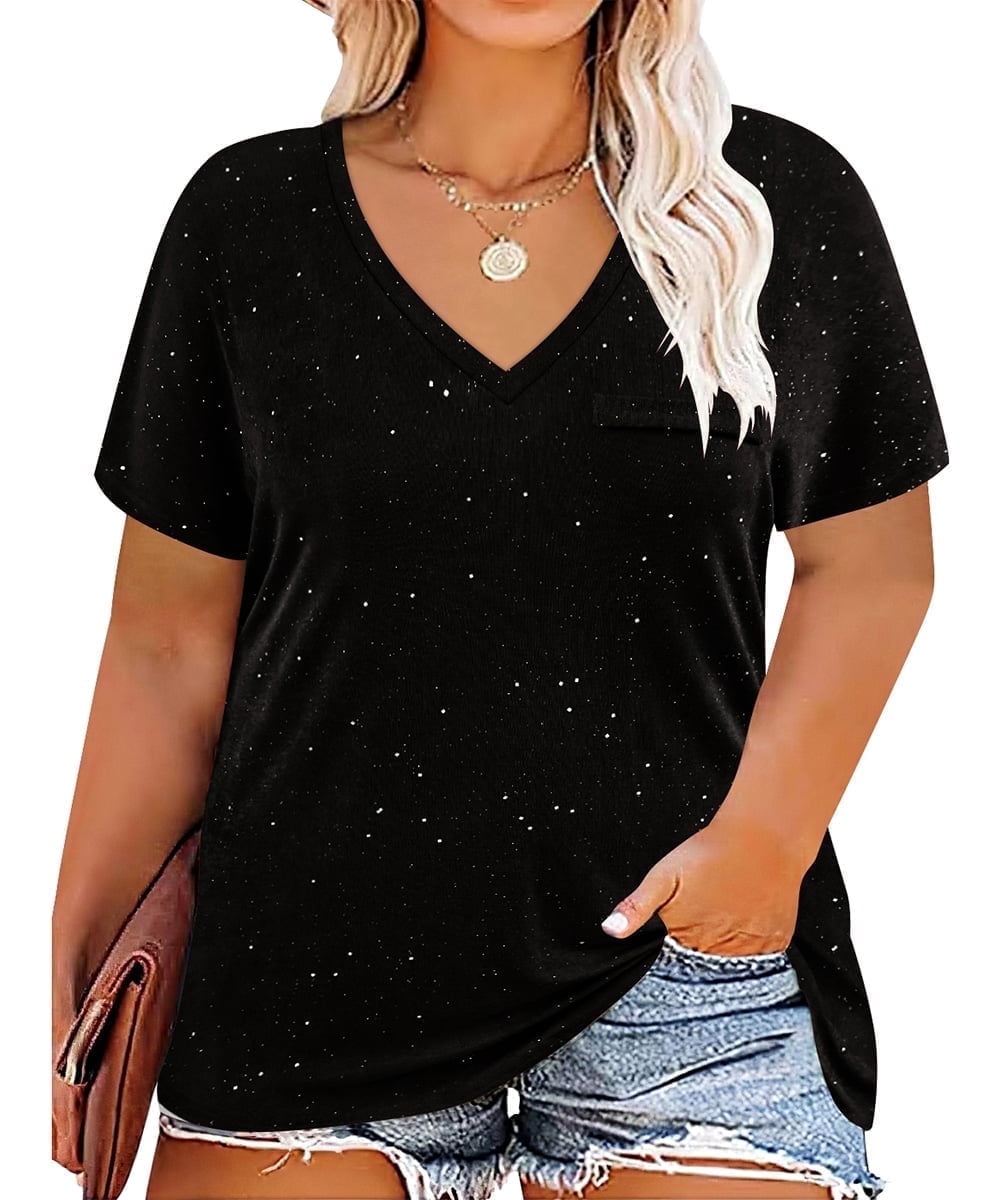 CASSIE LIZ Womens Plus Size Tops 2X Summer V Neck Shirts Black Sequin ...