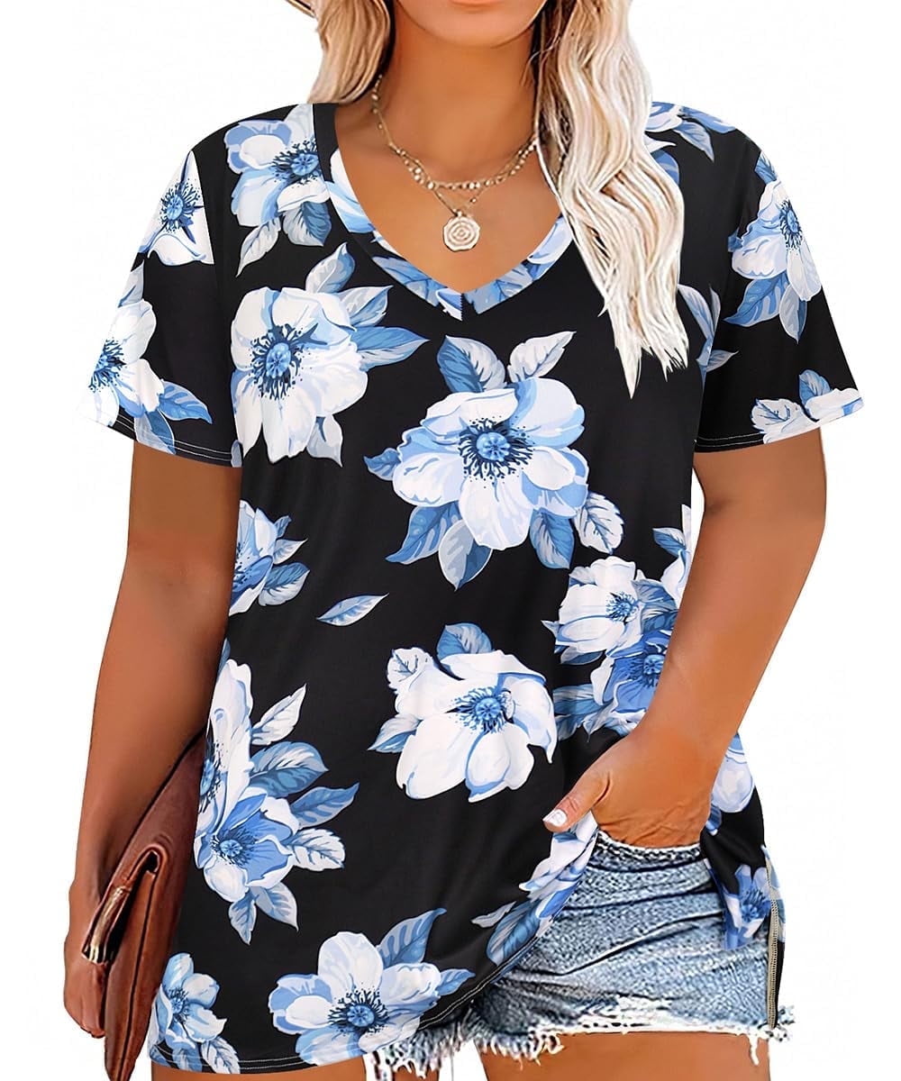 CASSIE LIZ Womens Plus Size Tops 2X Summer V Neck Shirts Blue Floral ...