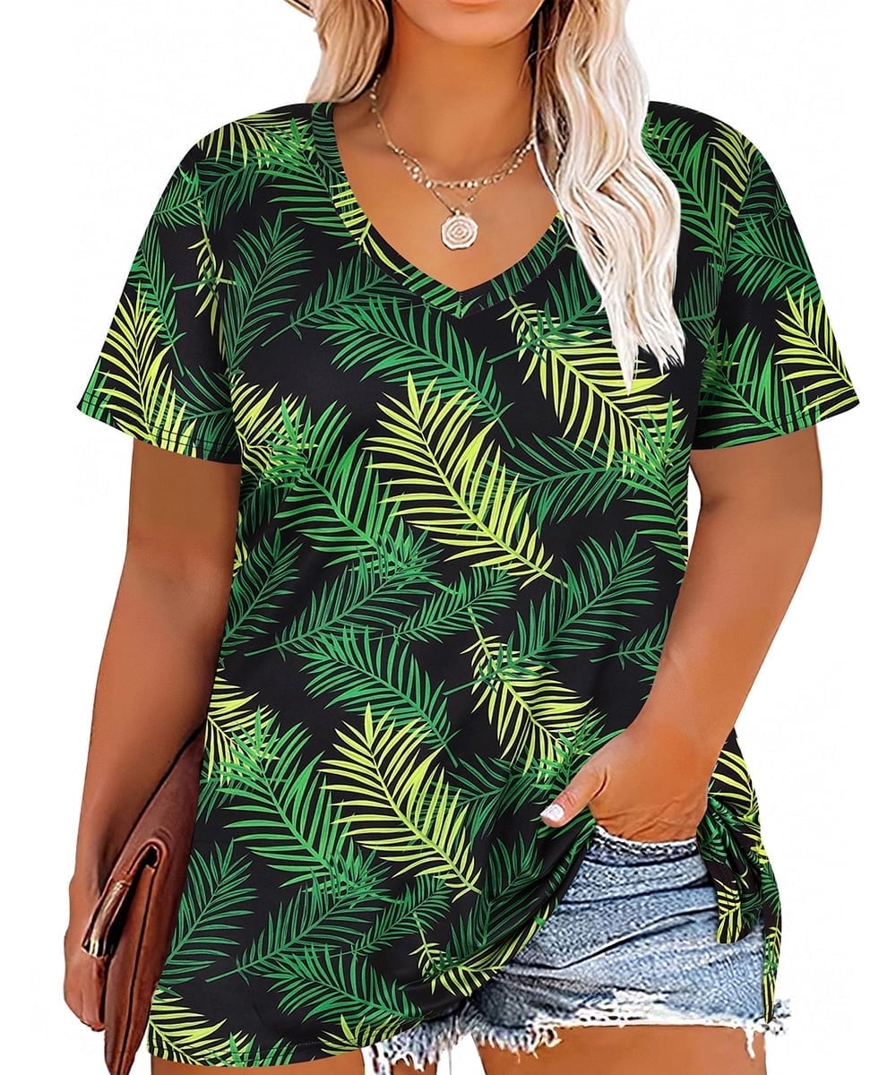 CASSIE LIZ Womens Plus Size Tops 2X Summer V Neck Shirts Green Leaves ...