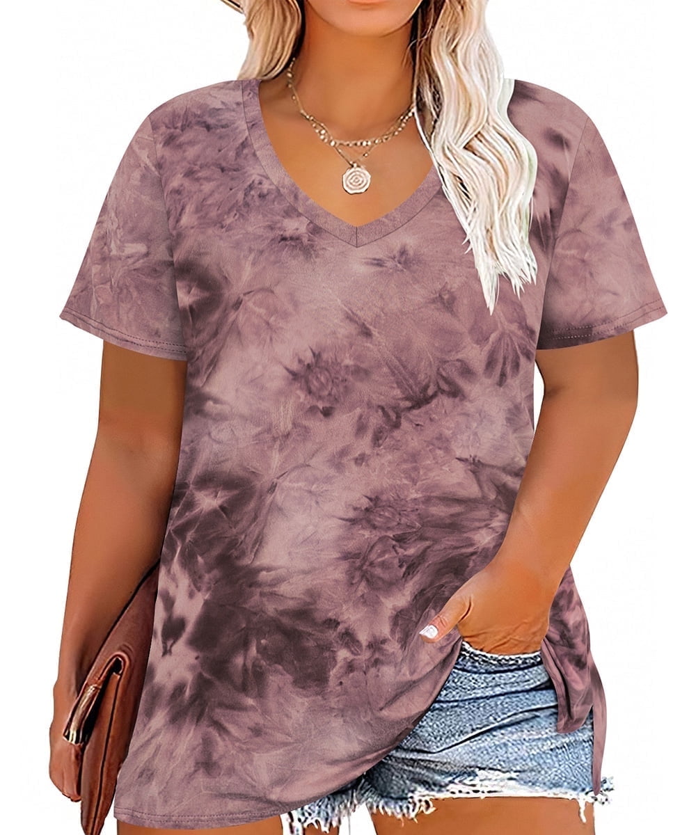 CASSIE LIZ Womens Plus Size Tops 2X Summer Tie Dye Shirts Brown V Neck ...