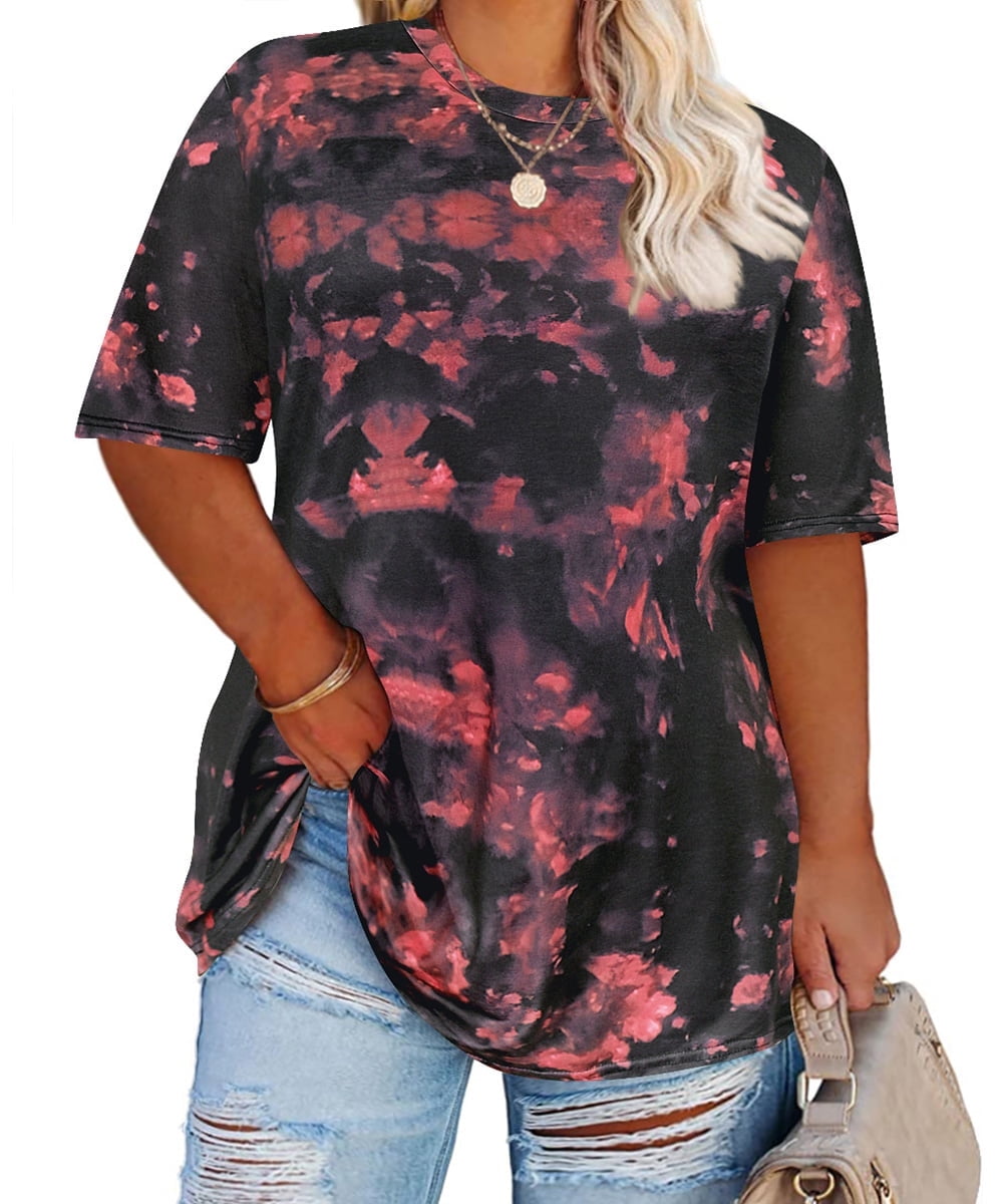 CASSIE LIZ Womens Plus Size Tops 2X Summer Tie Dye Shirts Black Red ...
