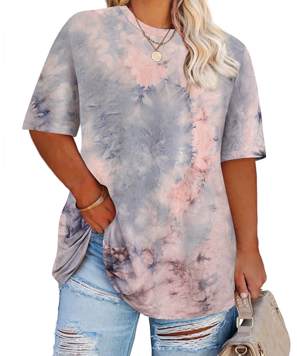 CASSIE LIZ Womens Plus Size Tops 2X Summer Tie Dye Shirts Blue Round ...