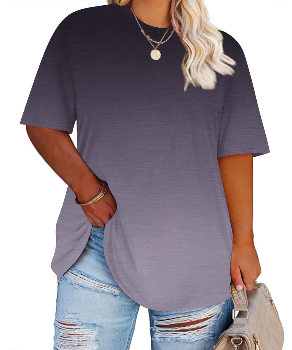 CASSIE LIZ Womens Plus Size Tops 2X Summer Round Neck Shirts Gradient ...