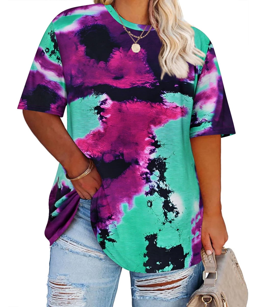 CASSIE LIZ Womens Plus Size Tops 2X Summer Tie Dye Shirts Purple Green ...