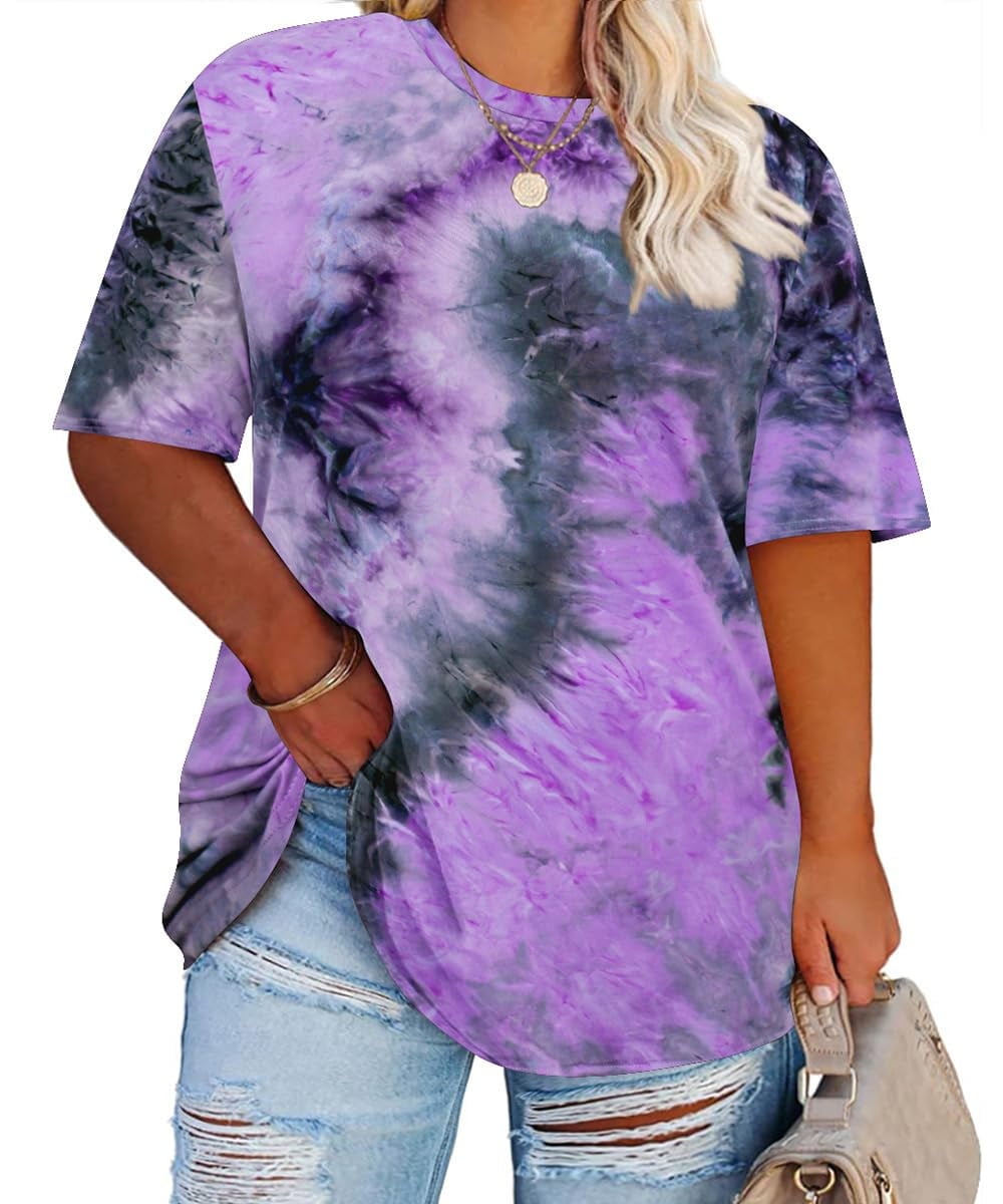 CASSIE LIZ Womens Plus Size Tops 2X Summer Tie Dye Shirts Purple Round ...