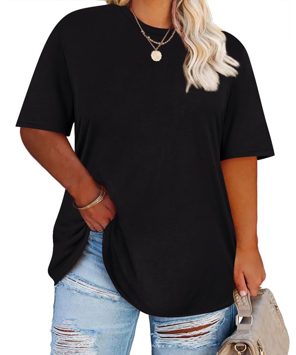 CASSIE LIZ Womens Plus Size Tops 2X Summer Round Neck Shirts Black ...